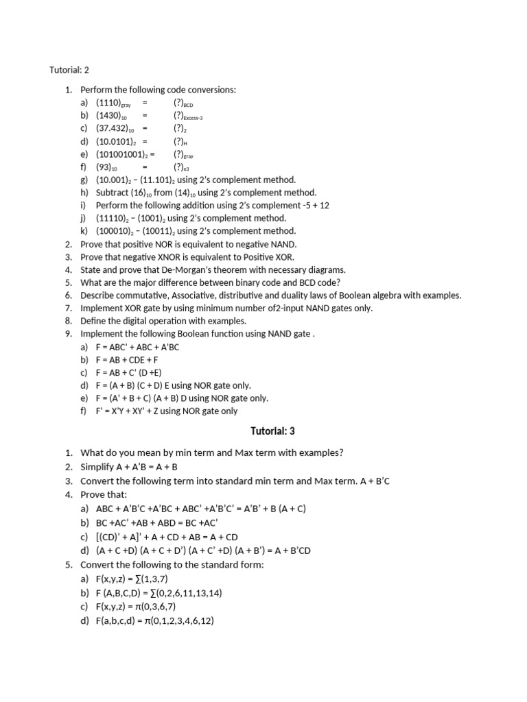 Tutorial (Digital Logic) | PDF | Logic Gate | Mathematical Logic