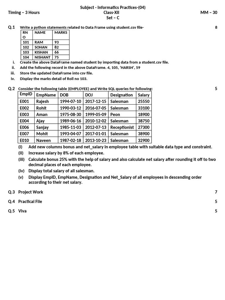 Class XII Informatics Exam | PDF