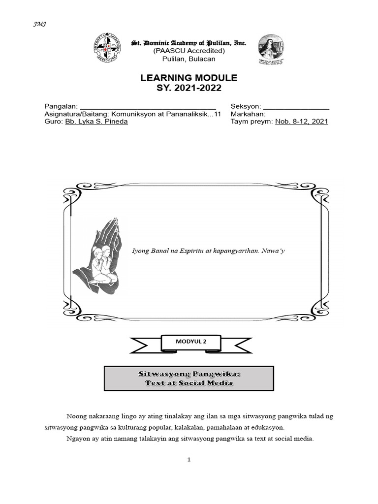 FILIPINO 11 Komunikasyon Module 2ND QUARTER Week 2 | PDF