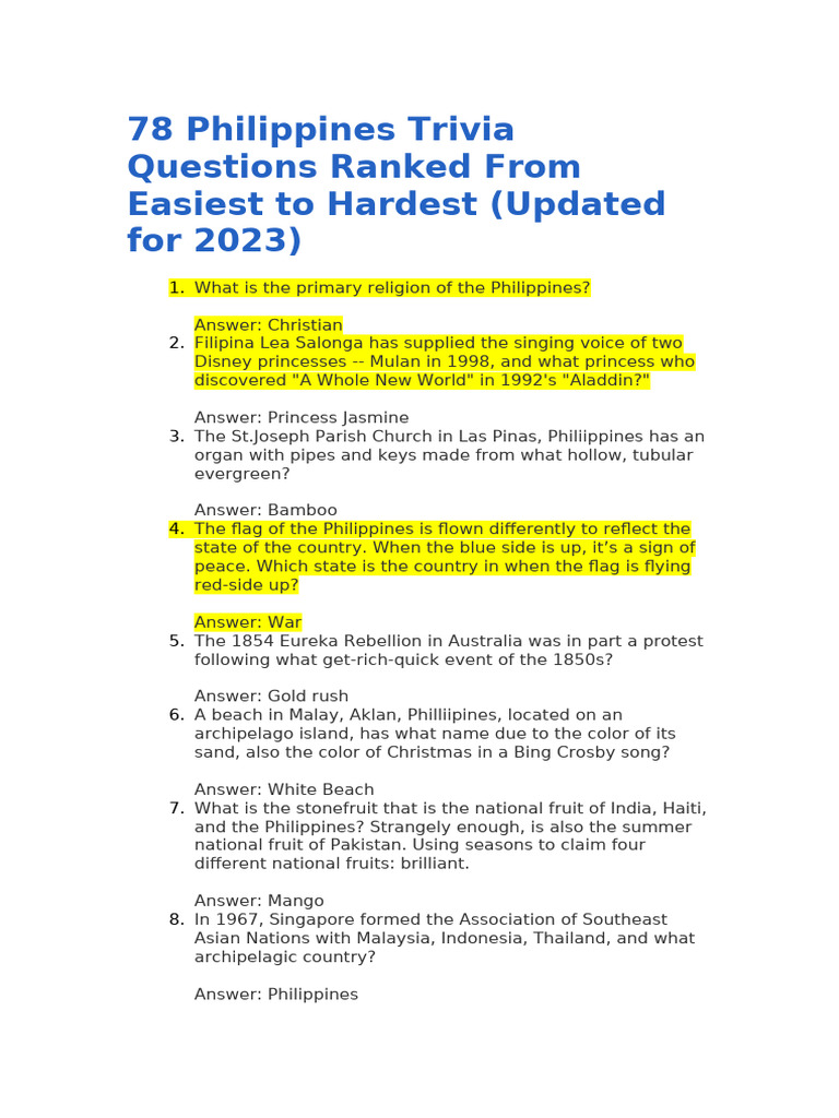 78 Philippines Trivia Questions Ranked From Easies | PDF | Philippines
