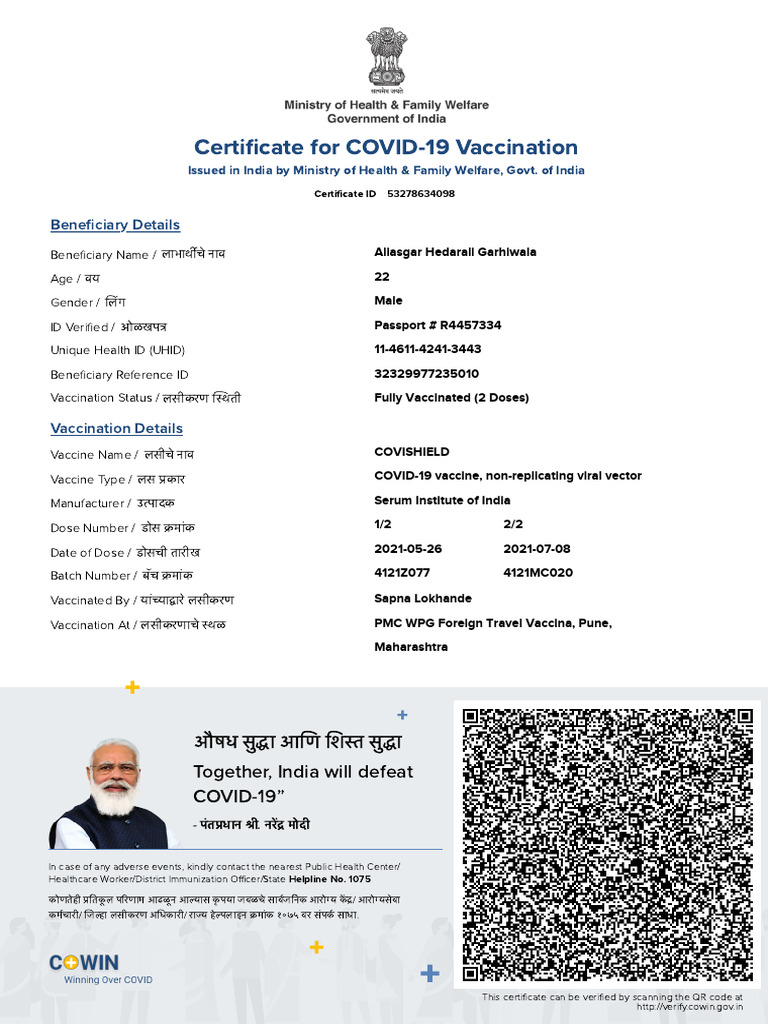 COVID-19 Vaccination Certificate PDF | PDF | Immunology | Public Health