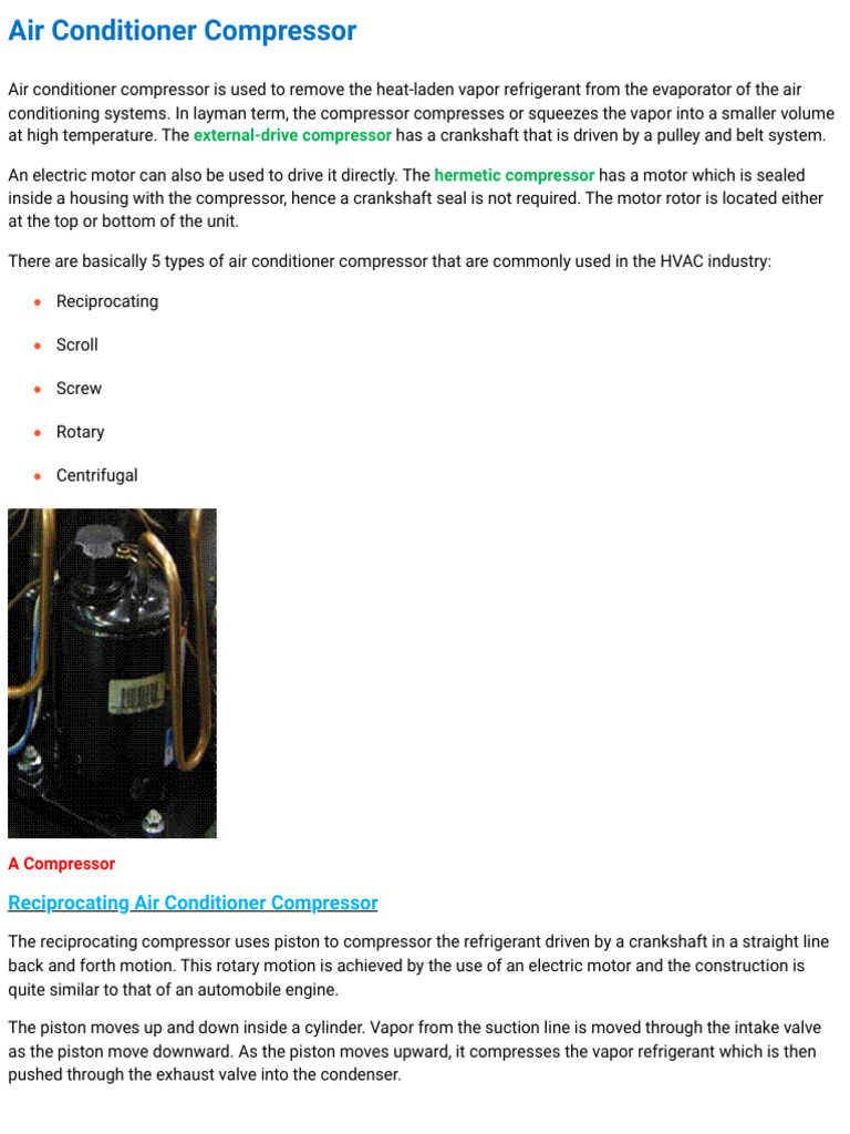 Types of Air Conditioner Compressors | PDF | Pump | Mechanical Engineering