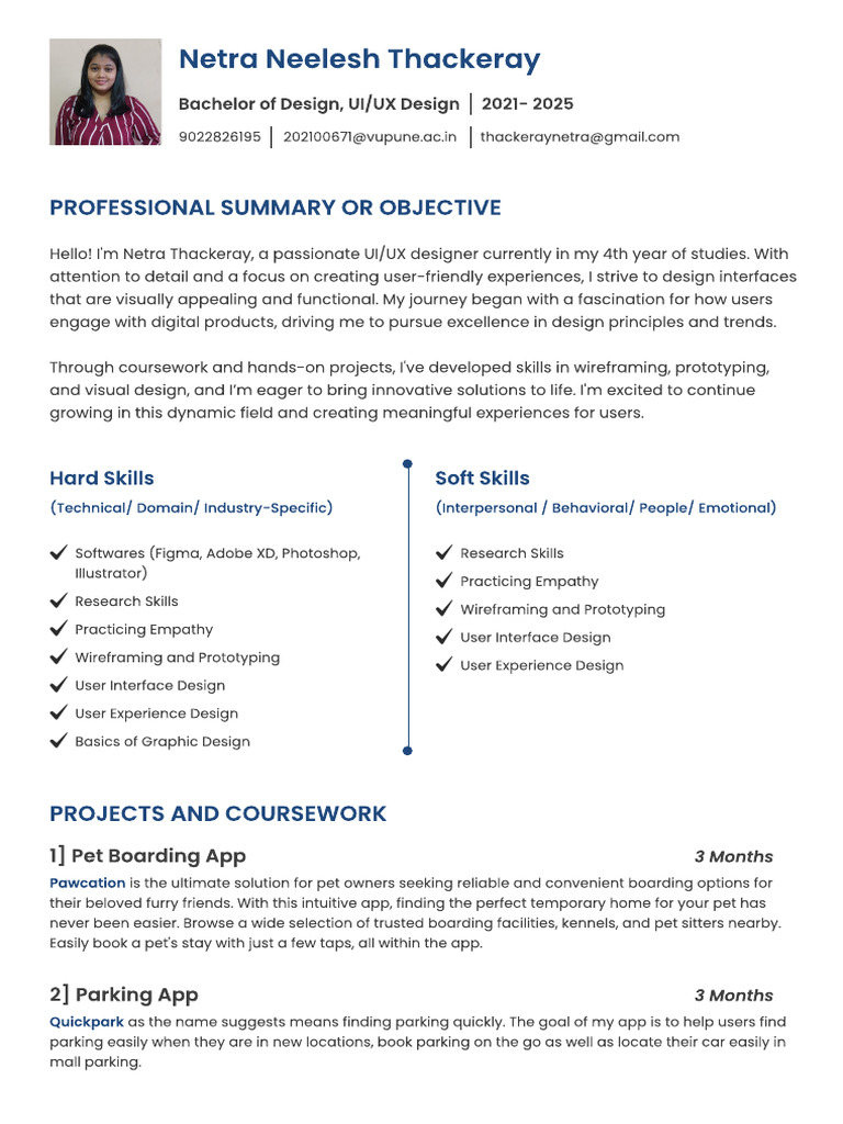 Netra Thackeray- PRN- 2181290044- RESUME | PDF | User Interface | Design