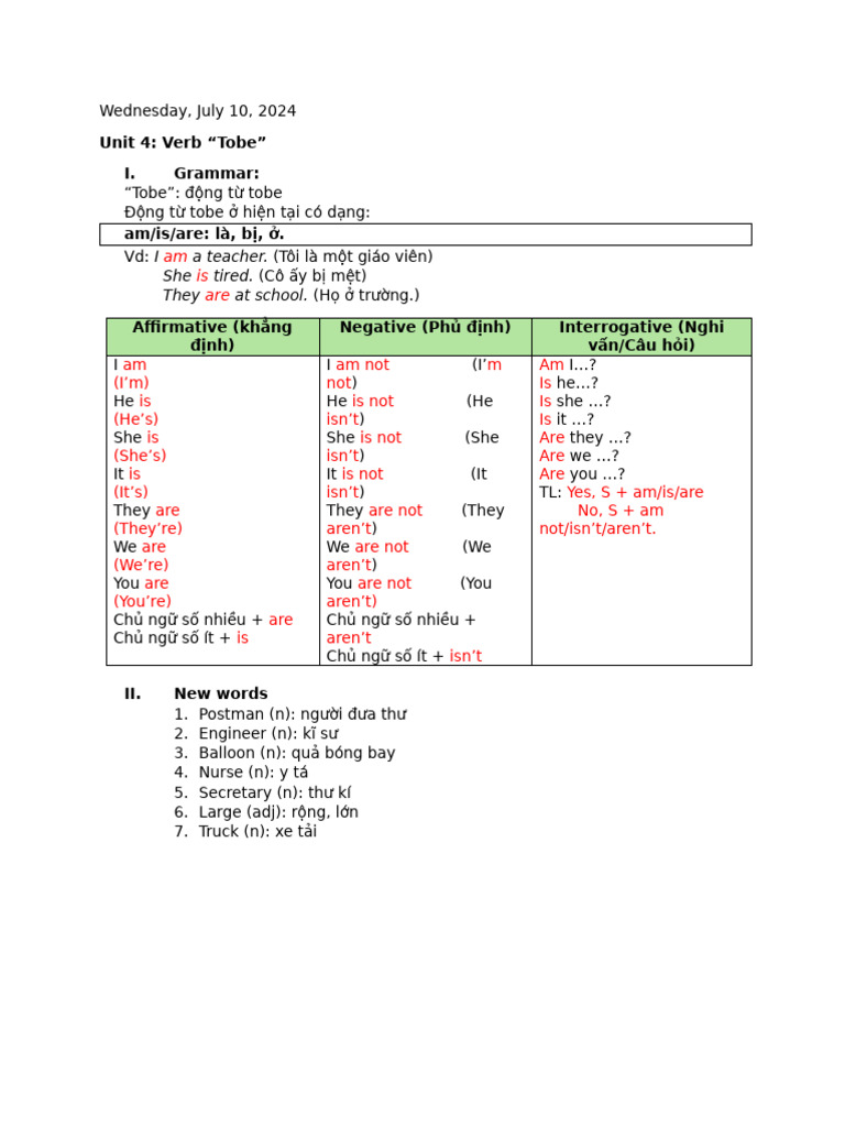 Unit 4 Verb Tobe | PDF