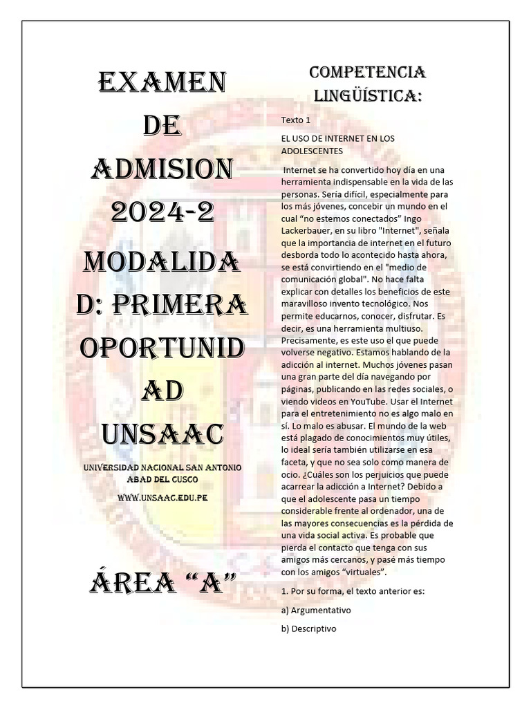 Examen de Admision 2024 | PDF | Redox