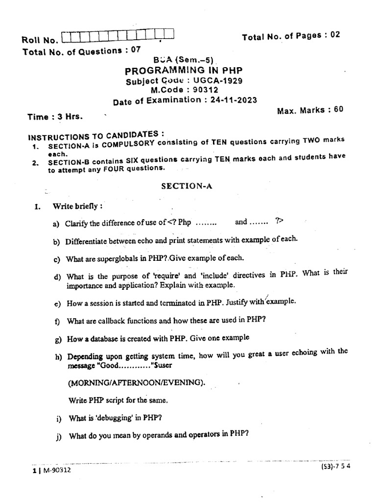 Bca 5 Sem Programming in PHP 90312 Nov 2023 | PDF