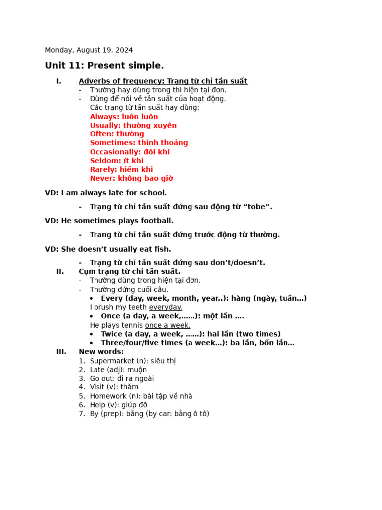 Unit 11 Adverbs of Frequency | PDF