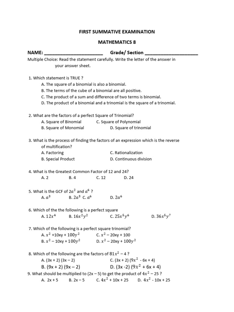 MATH8 - Q1 - Summative Test | PDF | Factorization | Mathematical Objects