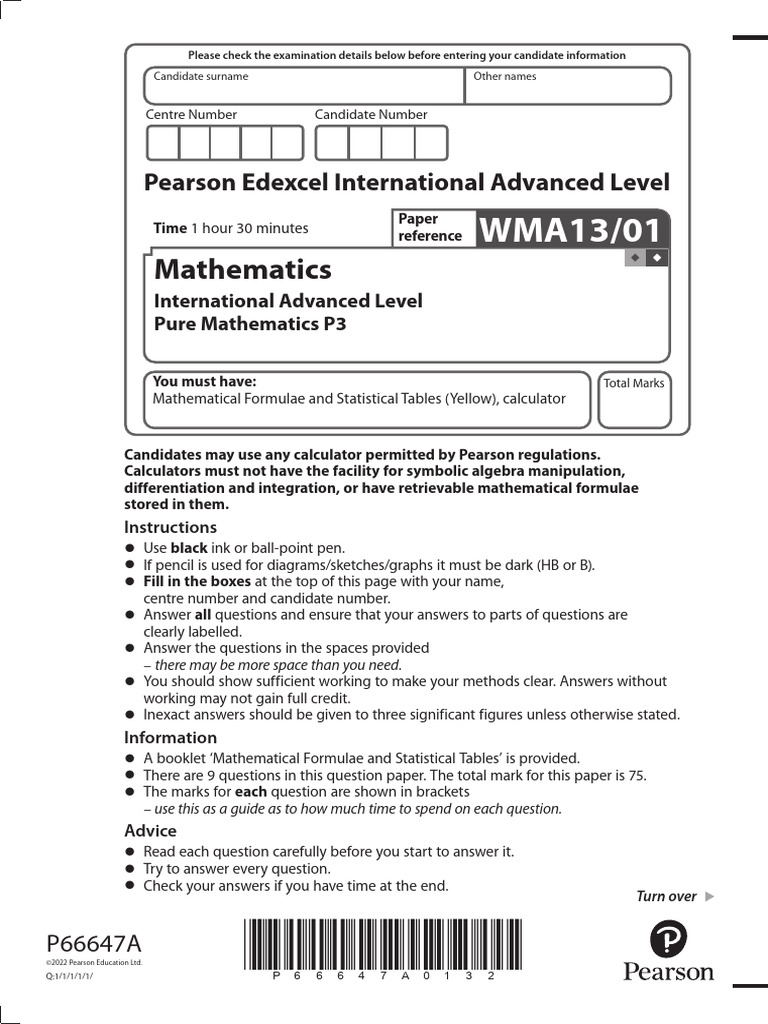 Edexcel IAL Pure Mathematics P3 June 2022 Wma13-01-Que-20220527 | PDF ...