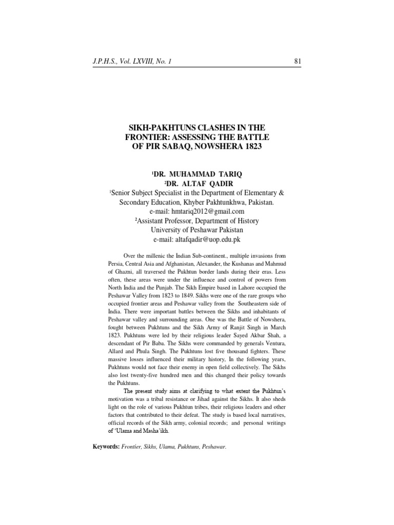Sikh Pakhtuns Clashes in The Frontier As | PDF | Pashtuns | Peshawar
