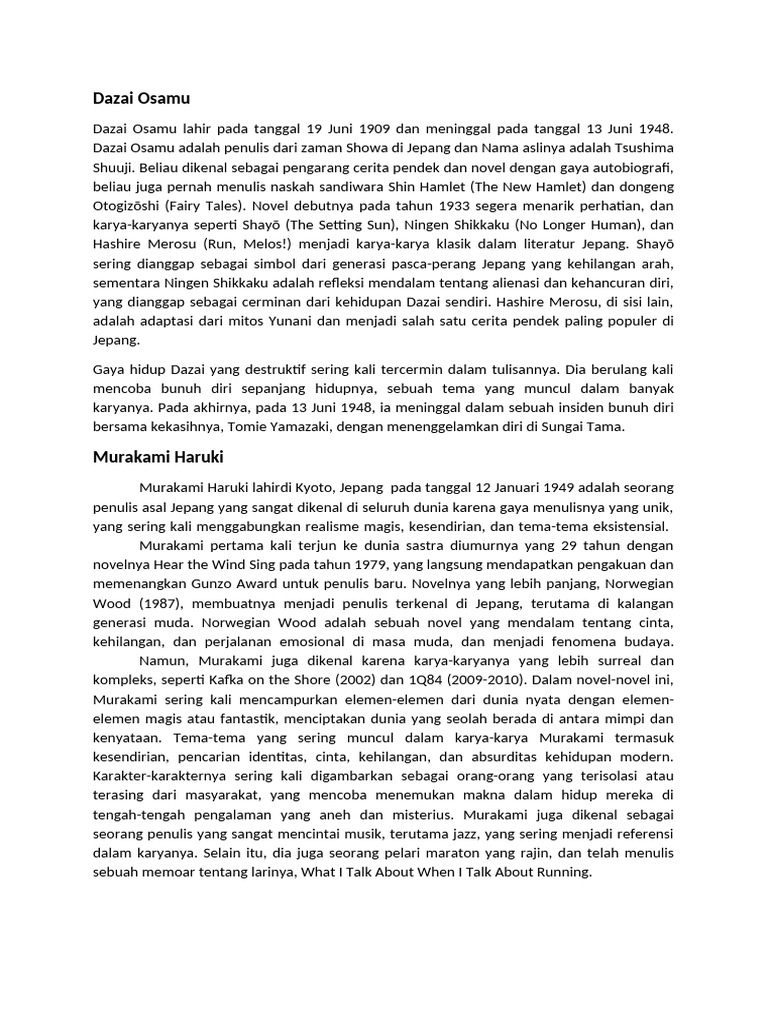 Dazai Osamu Dan Murakami Haruki by Kevin Damar R | PDF