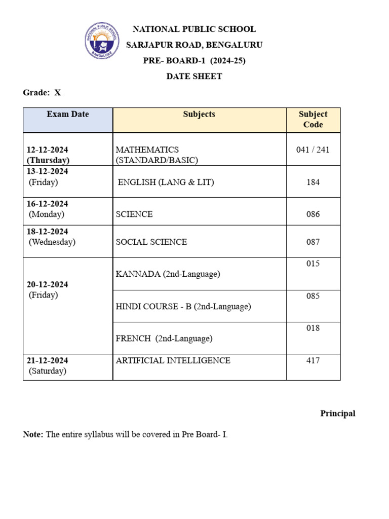 Pre Board 1 Date Sheet Grade 10 (24-25) 1488311464 1731935538 | PDF