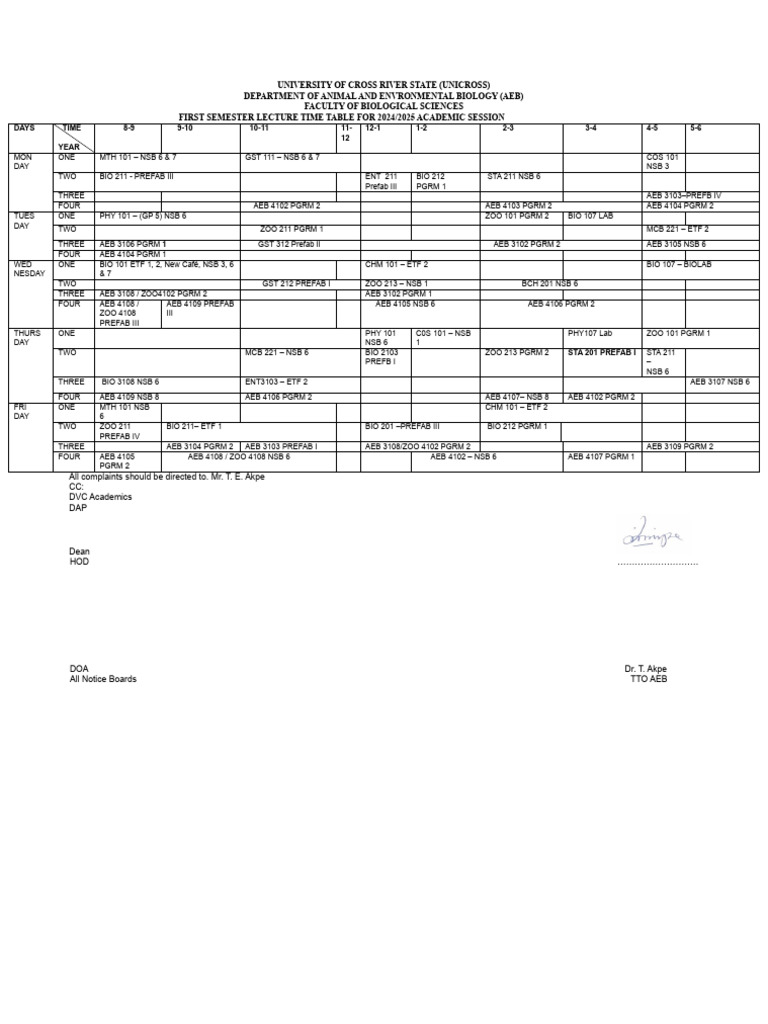 Aeb 2024-2025 First Semester Lecture Time Table | PDF