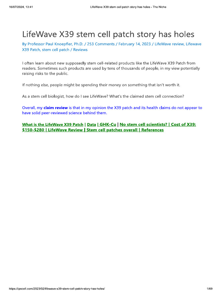 LifeWave X39 Stem Cell Patch Story Has Holes. | PDF