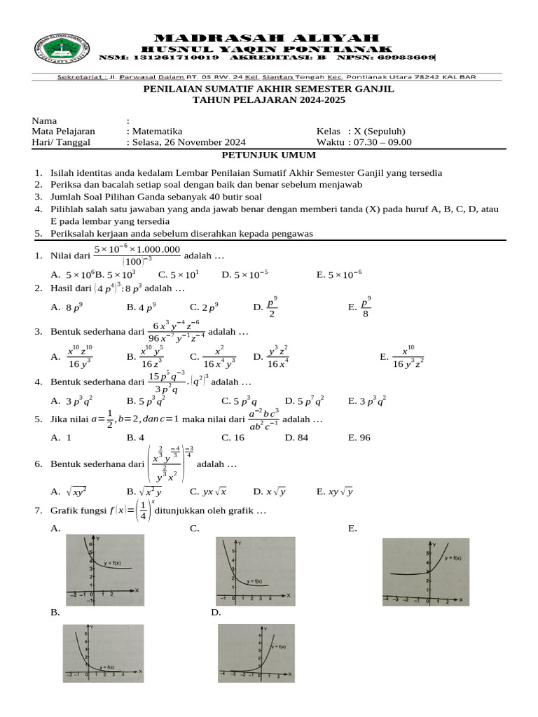 Soal Sumatif Akhir Semester Ganjil MTK Kelas X | PDF