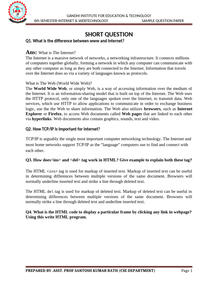Internet Webtechnology Question With Answers | PDF | World Wide Web | Internet & Web