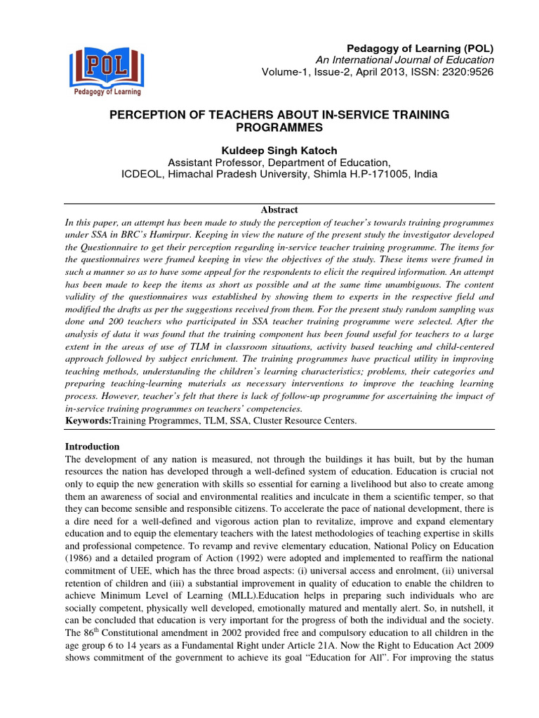4 Kuldeep Singh Katoch-In-service Training | PDF | Teachers | Learning