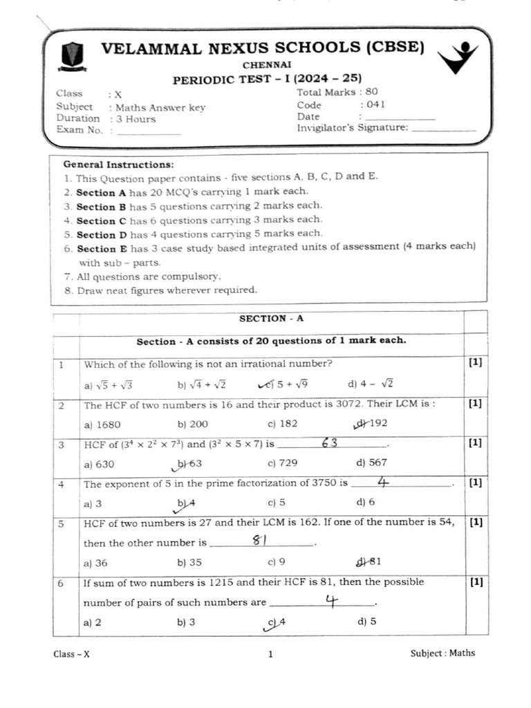 Class - 10 Maths Answer Key PT - 1 | PDF