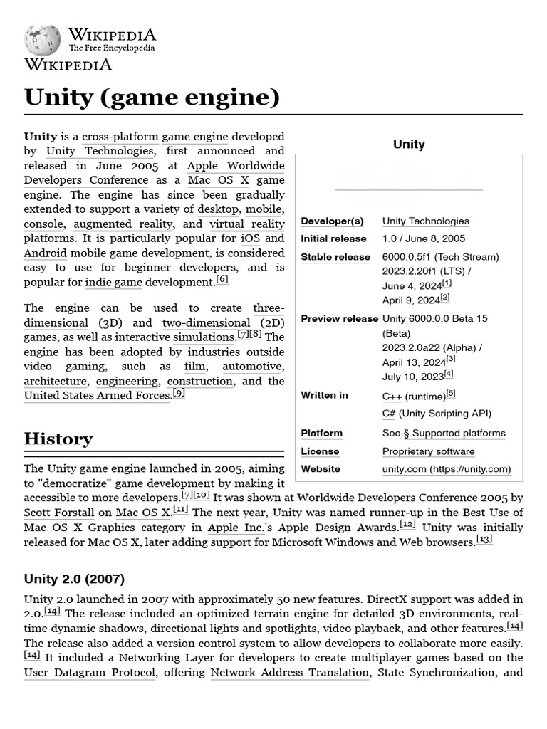 Unity (Game Engine) - Wikipedia | PDF | Unity (Game Engine) | Software