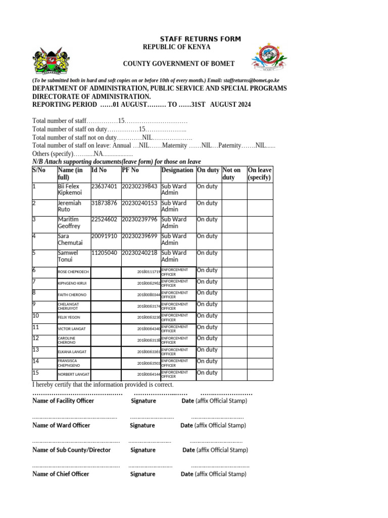 Bomet County Staff Returns Form August 2024 | PDF