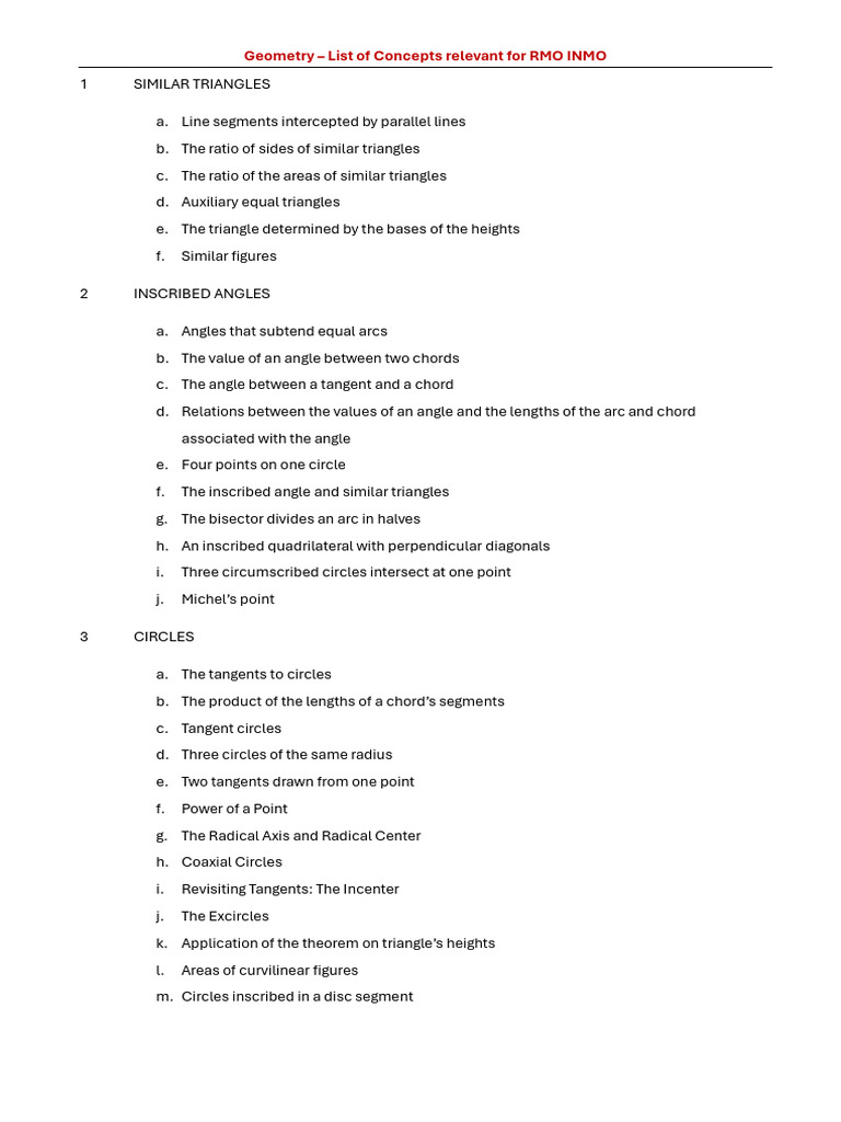 Olympiad Geometry Content List | PDF | Triangle | Circle