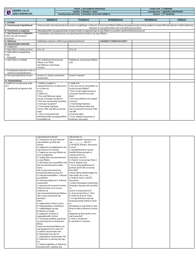 ARALING PANLIPUNAN 5_Q3_W3 DLL. donedocx | PDF