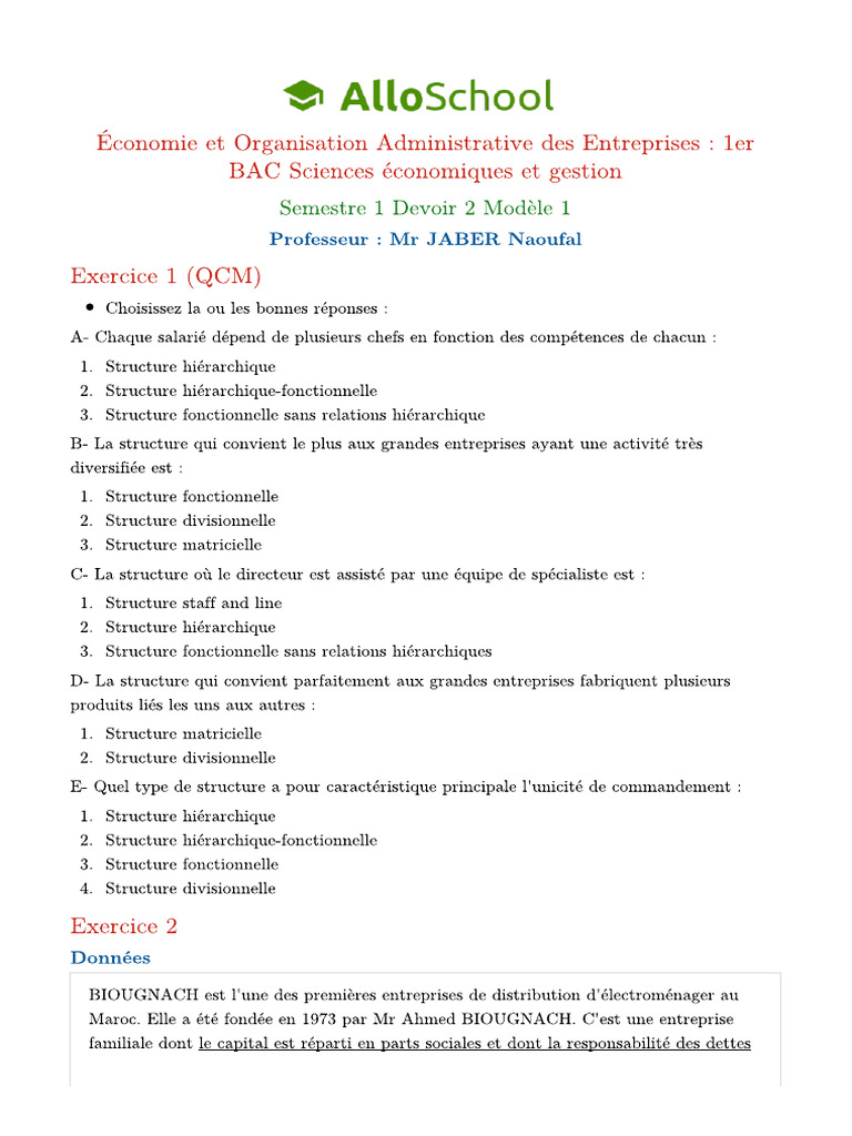 Orga 1bac Semestre 1 Devoir 2 Modele 1 2 | PDF