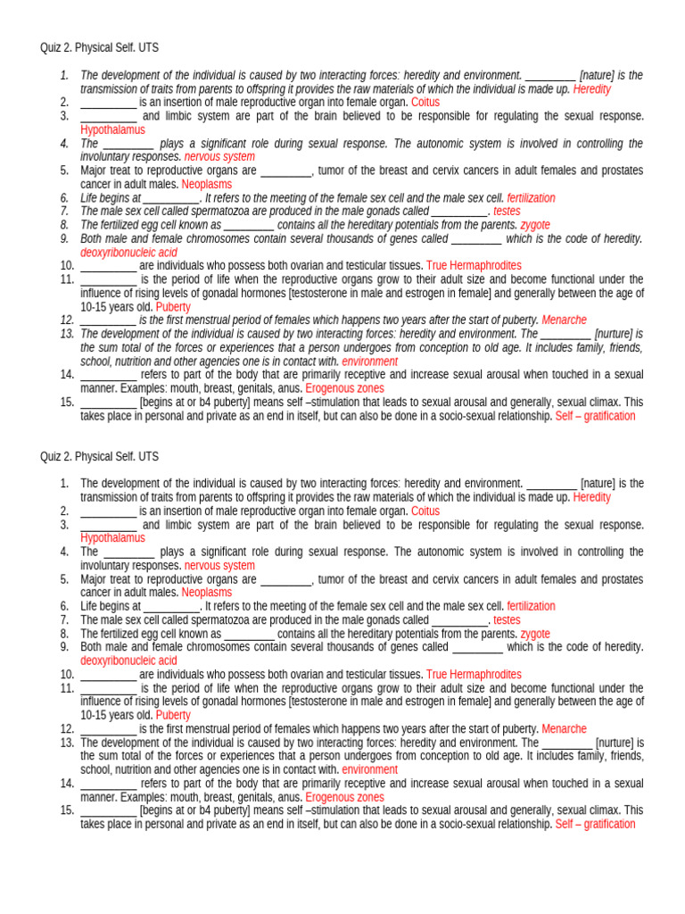 Quiz 2. Unit 1.chapter 2. Module. Ans | PDF | Puberty | Sex
