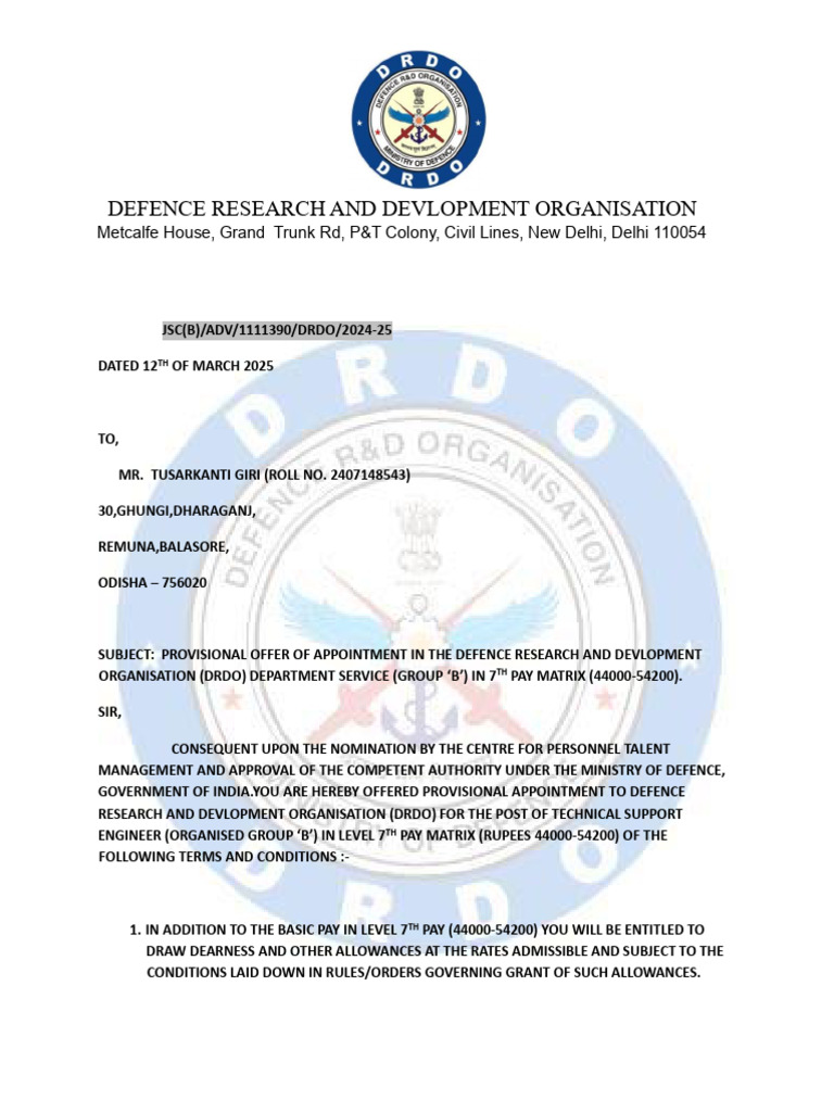 DRDO Provisional Appointment Letter | PDF | Government | Justice