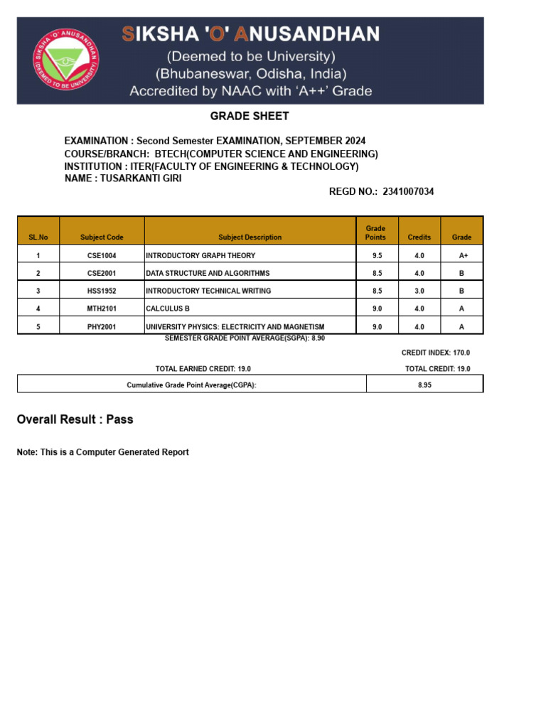 BTech CSE Second Semester Grade Sheet | PDF