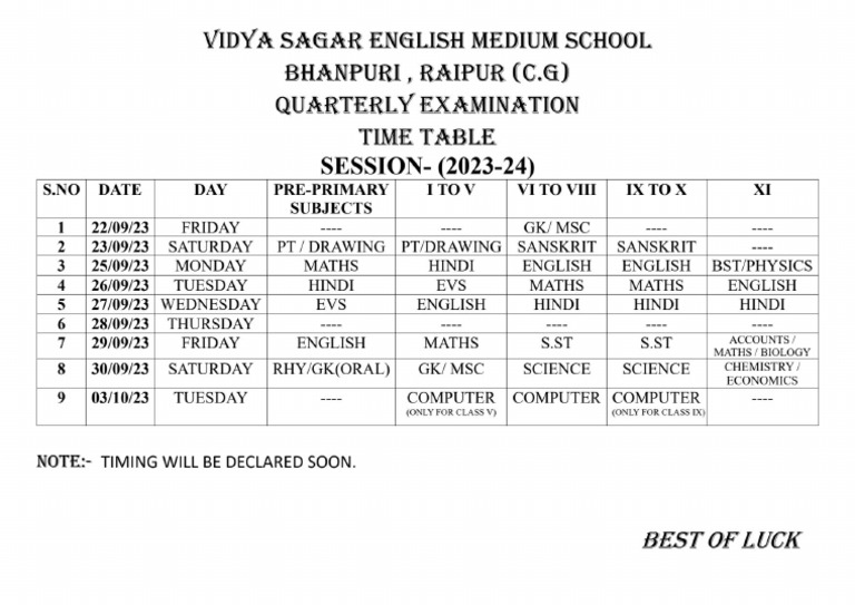 Quarterly Exam Time Table 2023-24 | PDF