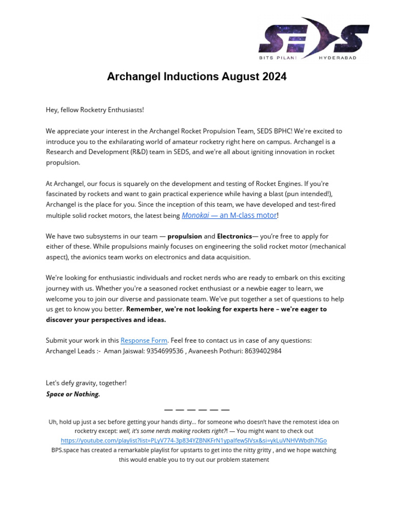 Archangel Rocket Team Inductions 2024 | PDF | Rocket | Rocket Engine