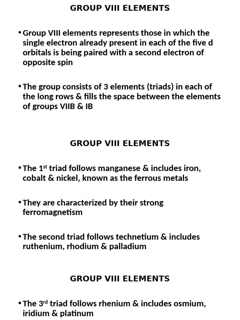 Overview of Group VIII Elements and Iron | PDF | Iron | Atoms