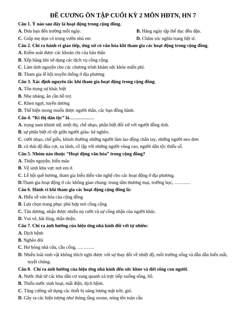 Đề Cương Ôn TậP CuốI Kỳ 2 Môn HĐTN, HN 7 | PDF
