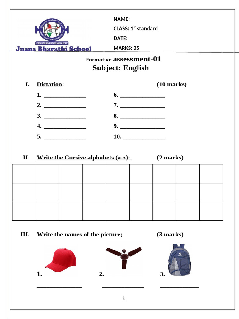 1st STD English FA1 Test | PDF