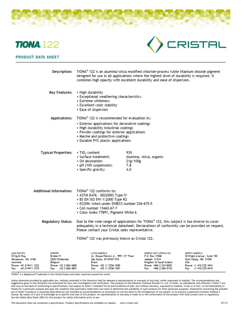 TiONA 122 - Product Data Sheet | PDF | Titanium Dioxide