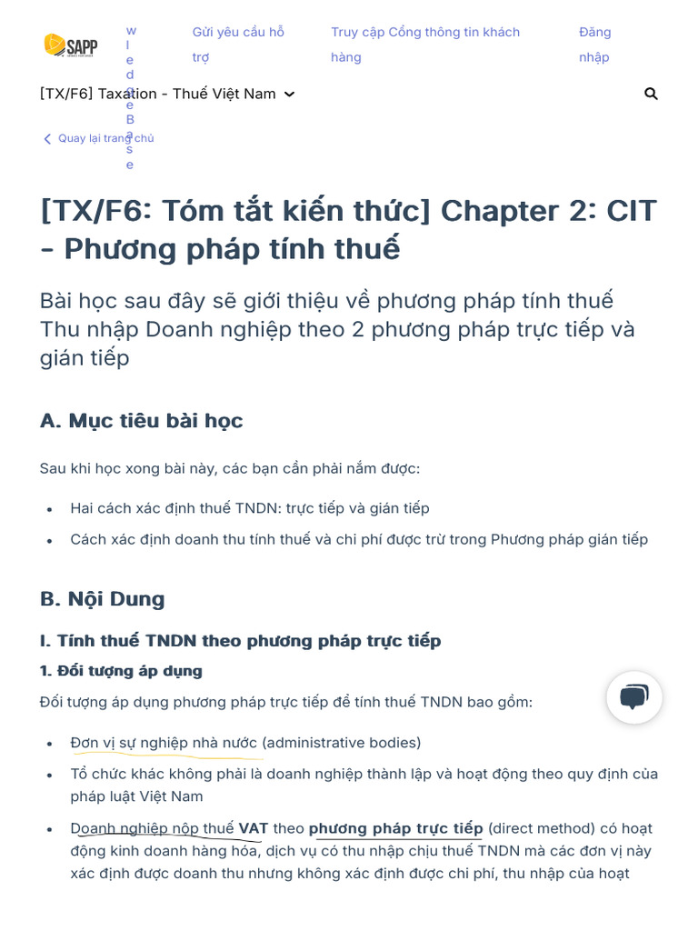 (TX:F6: Tóm Tắt Kiến Thức) Chapter 2: CIT - Phương Pháp Tính Thuế | PDF