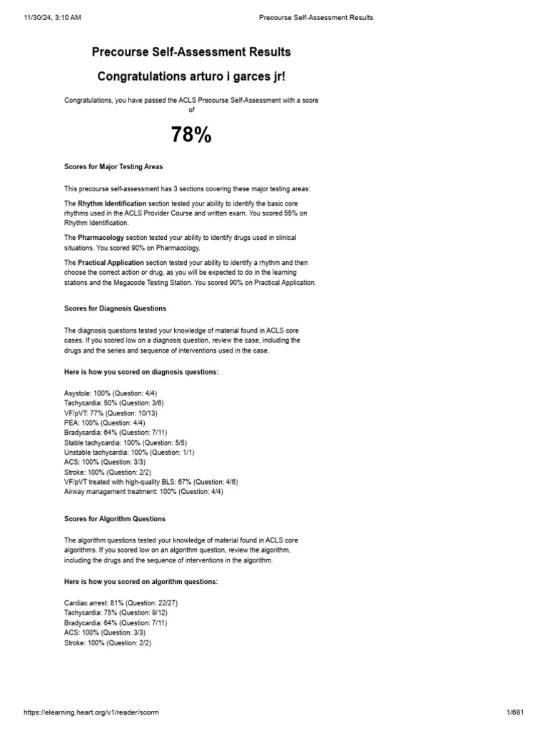 AHA ELearning - ACLS Precourse Self-Assessment and Precourse Work ...