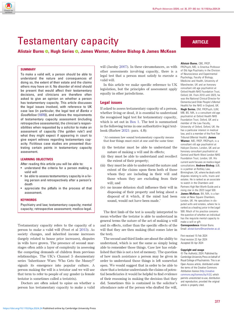 Testamentary Capacity | PDF | Will And Testament | Common Law