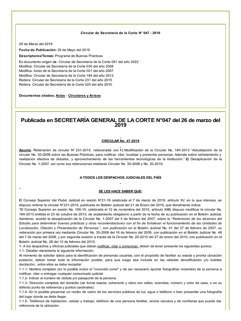 Circular #047-2019 Reiteración # 231-2015. Buenas Prácticar para Notificar, Citar y Presentar A ...