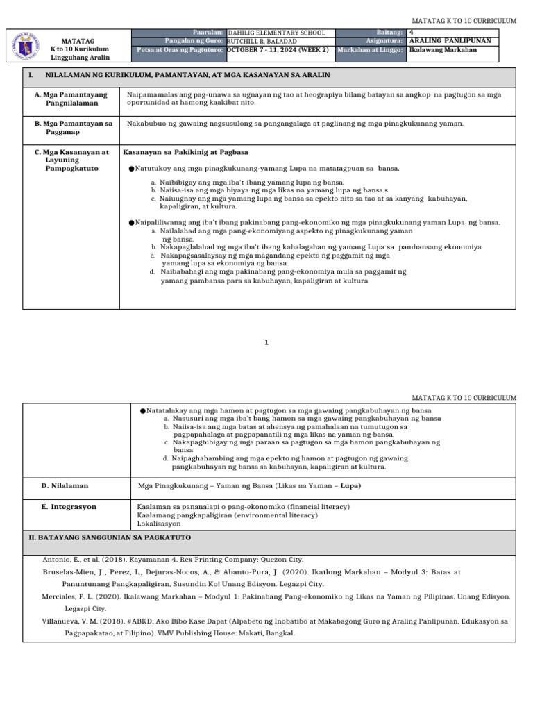 DLL MATATAG _ARALING PANLIPUNAN 4 Q2 W2 | PDF