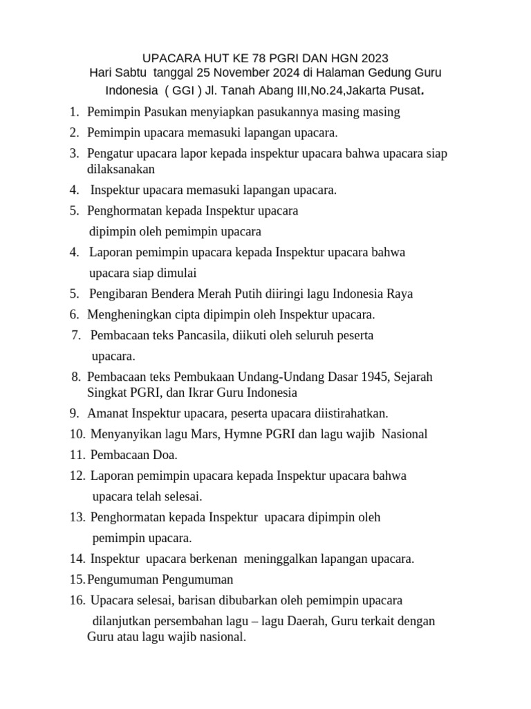 SUSUNAN ACARA UPACARA HUT KE 79 PGRI DAN HGN 2024 | PDF