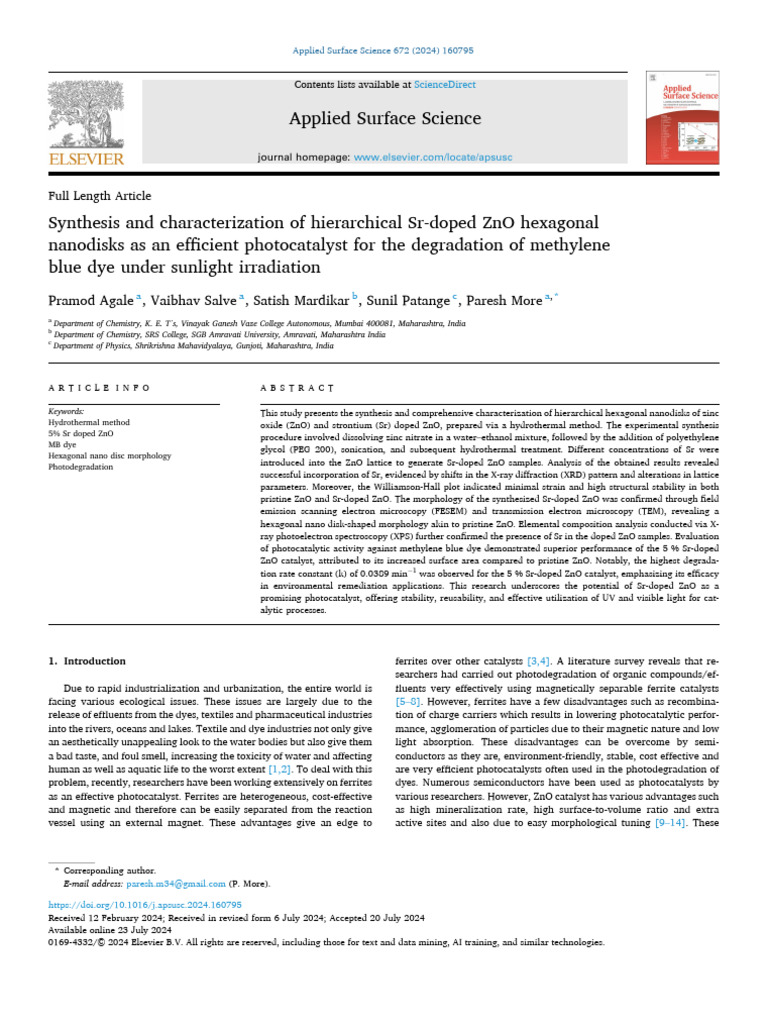 Applied Surface Science July 2024 | PDF | Zinc Oxide | X Ray ...