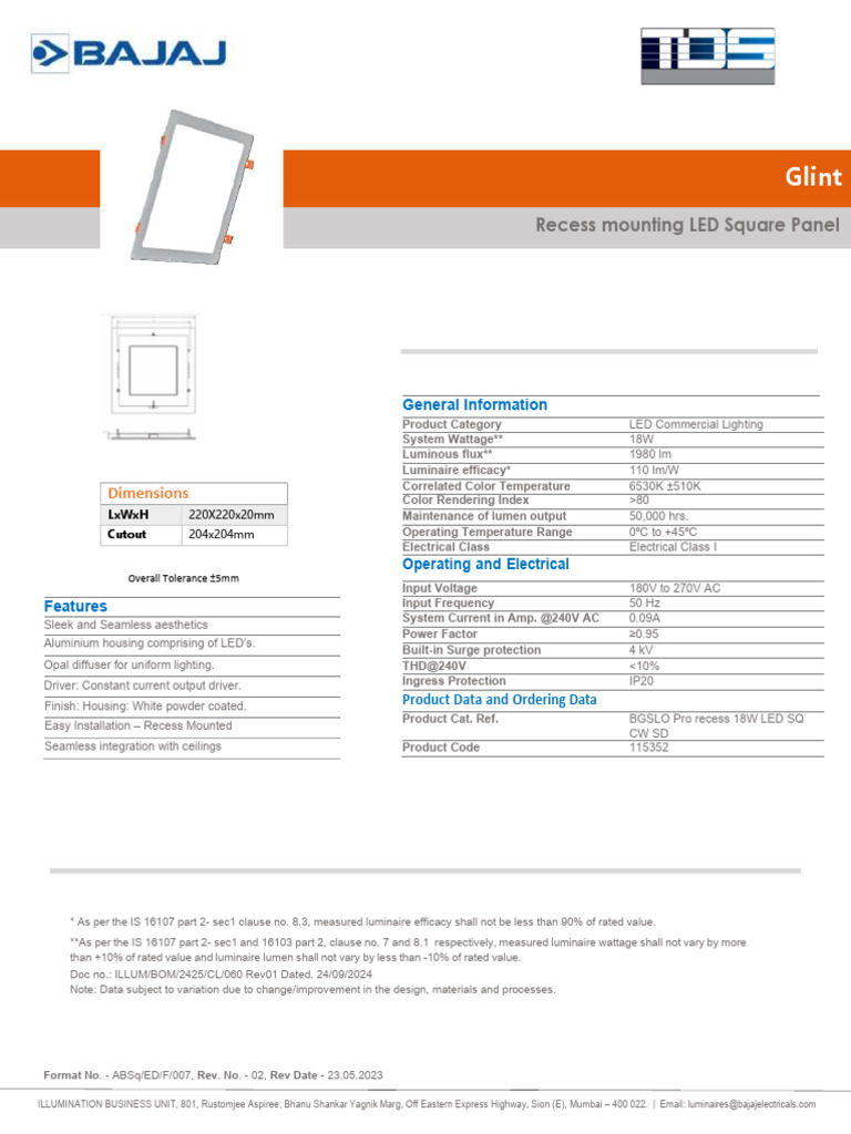 Tds - Bgslo Pro Recess 18w Led SQ CW SD - 115352 | PDF | Lighting | Alternating Current