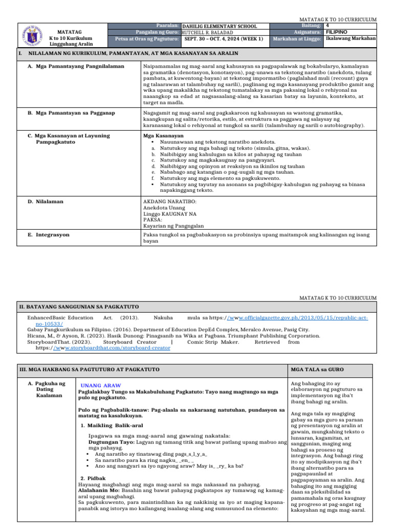 DLL MATATAG _FILIPINO 4 Q2 W1 | PDF