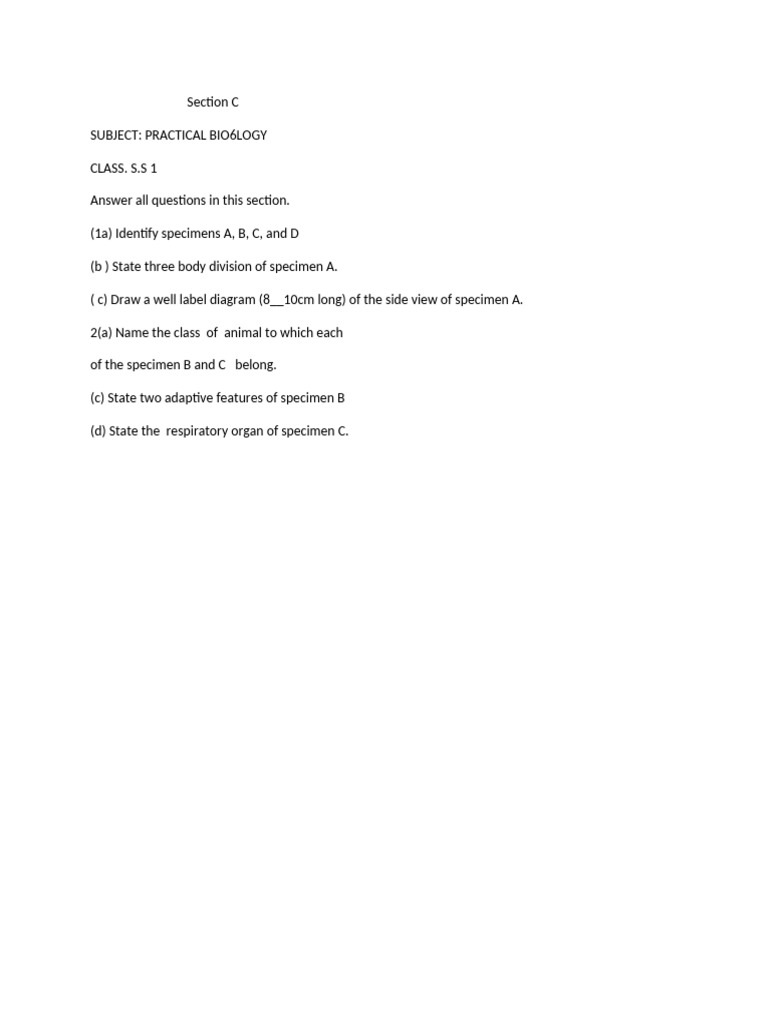Ss1 Biology First Term Practical | PDF