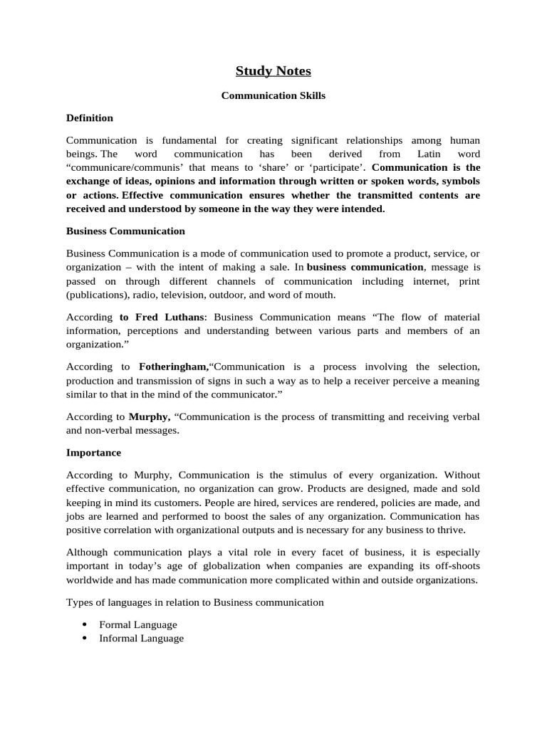 Study Notes Communication Skills | PDF | Communication | Nonverbal ...