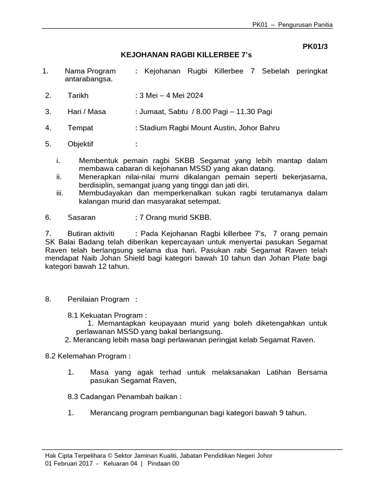 2024 2025 Laporan Kejohanan Ragbi Lelaki Killerbee 7S | PDF