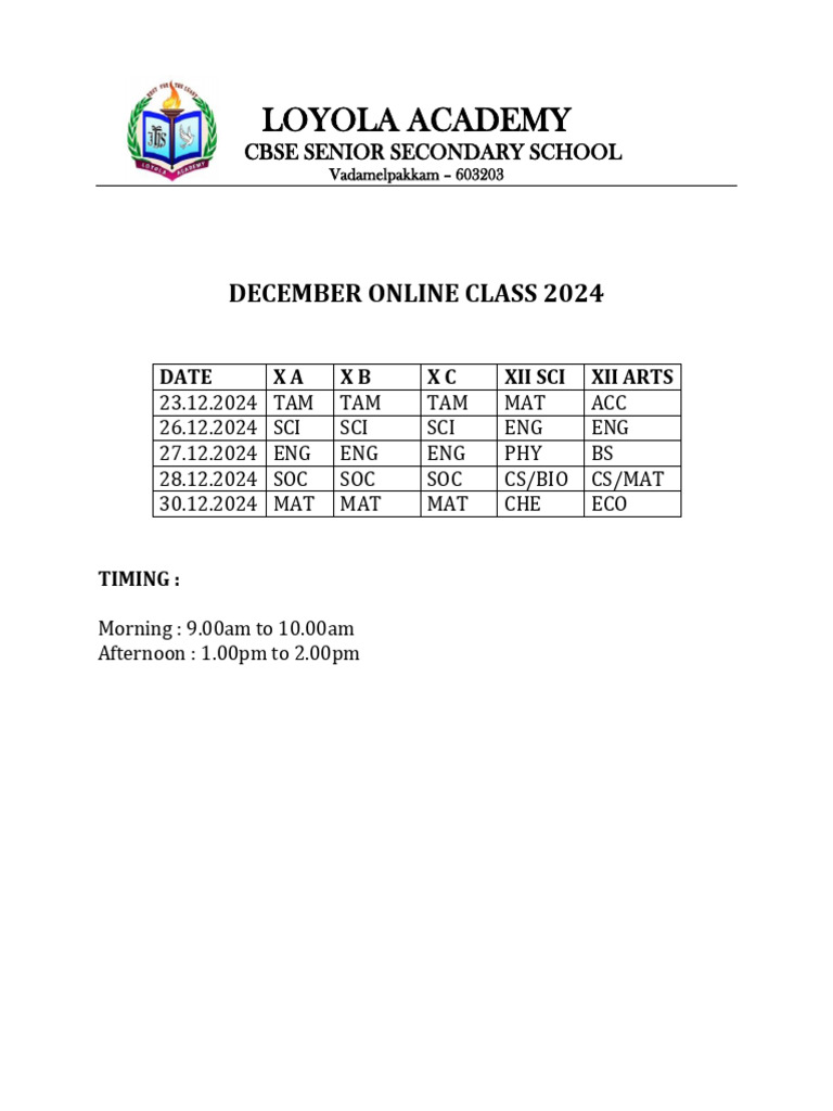 Online Class Time Table (December) | PDF