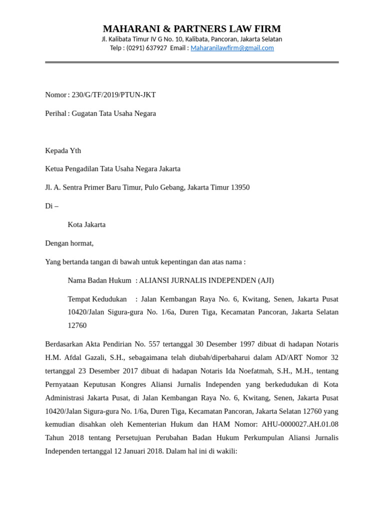 SURAT GUGATAN PTUN | PDF